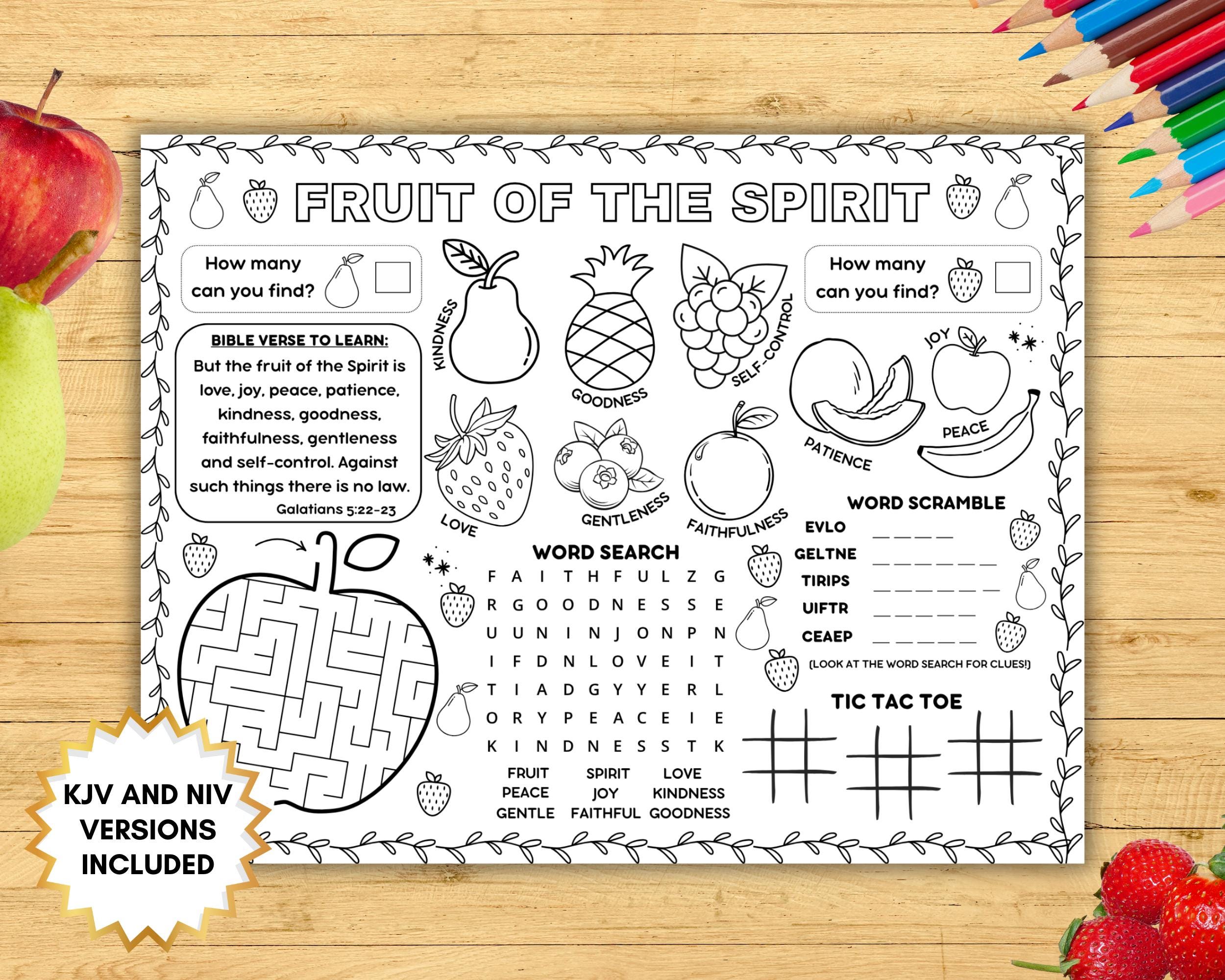 Fruit of the Spirit Activity Placemat, Sunday School Coloring Printable ...