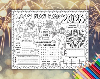 New Year 2026 Kids Activity Placemat, Happy New Year's Eve Coloring ...