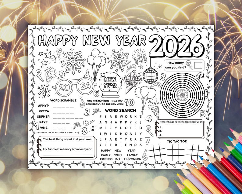 New Year 2026 Kids Activity Placemat, Happy New Year's Eve Coloring ...