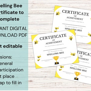 Spelling Bee Certificate Printable, Spelling Bee, Spelling Award ...