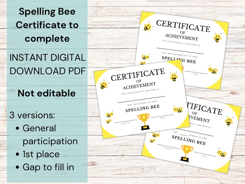 Spelling Bee Certificate Printable, Spelling Bee, Spelling Award ...