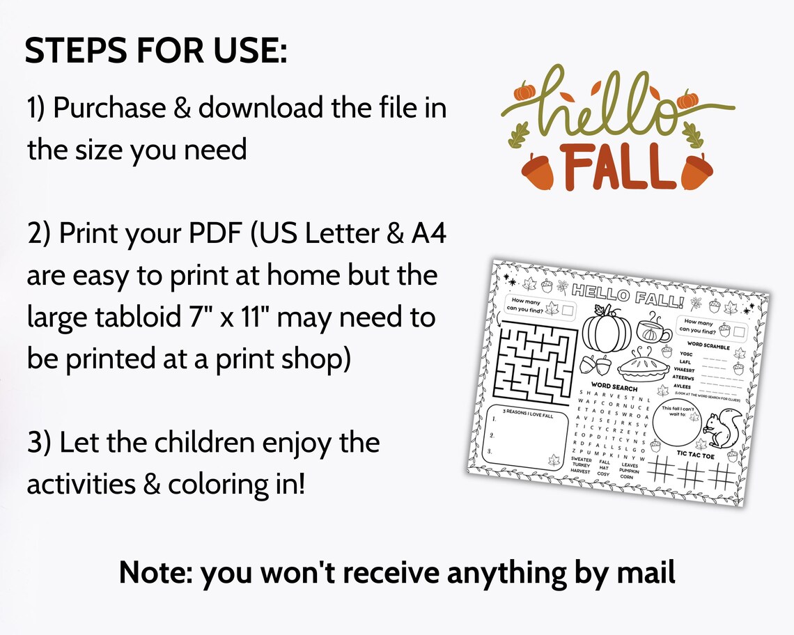 Fall Activity Placemat Printable, Fall Games for Kids, Fall Coloring ...