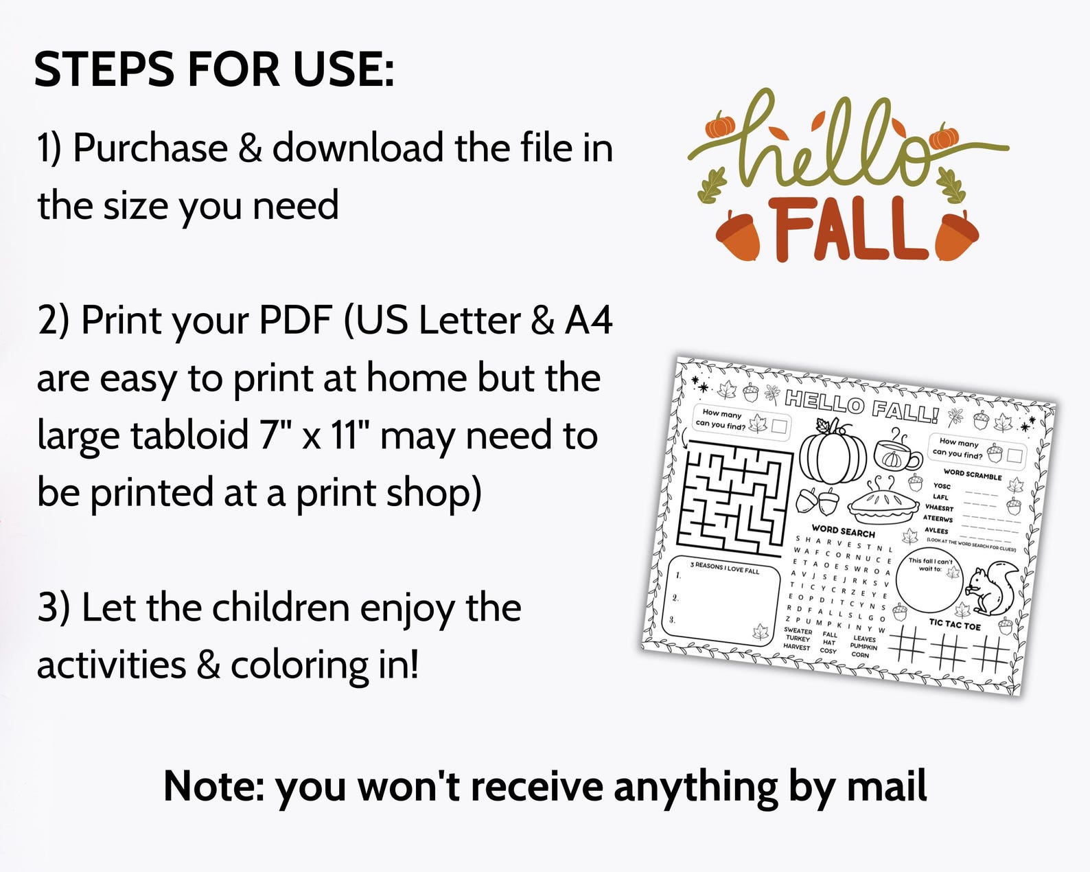 Fall Activity Placemat Printable, Fall Games for Kids, Fall Coloring ...