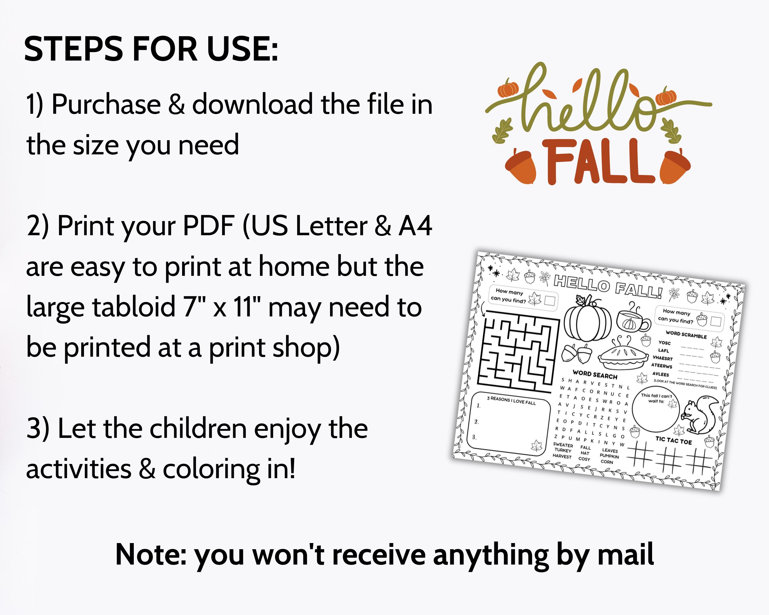 Fall Activity Placemat Printable, Fall Games for Kids, Fall Coloring ...