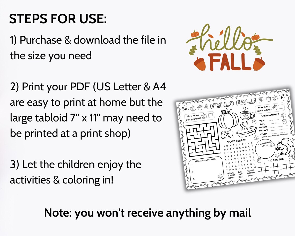 Fall Activity Placemat Printable, Fall Games for Kids, Fall Coloring ...