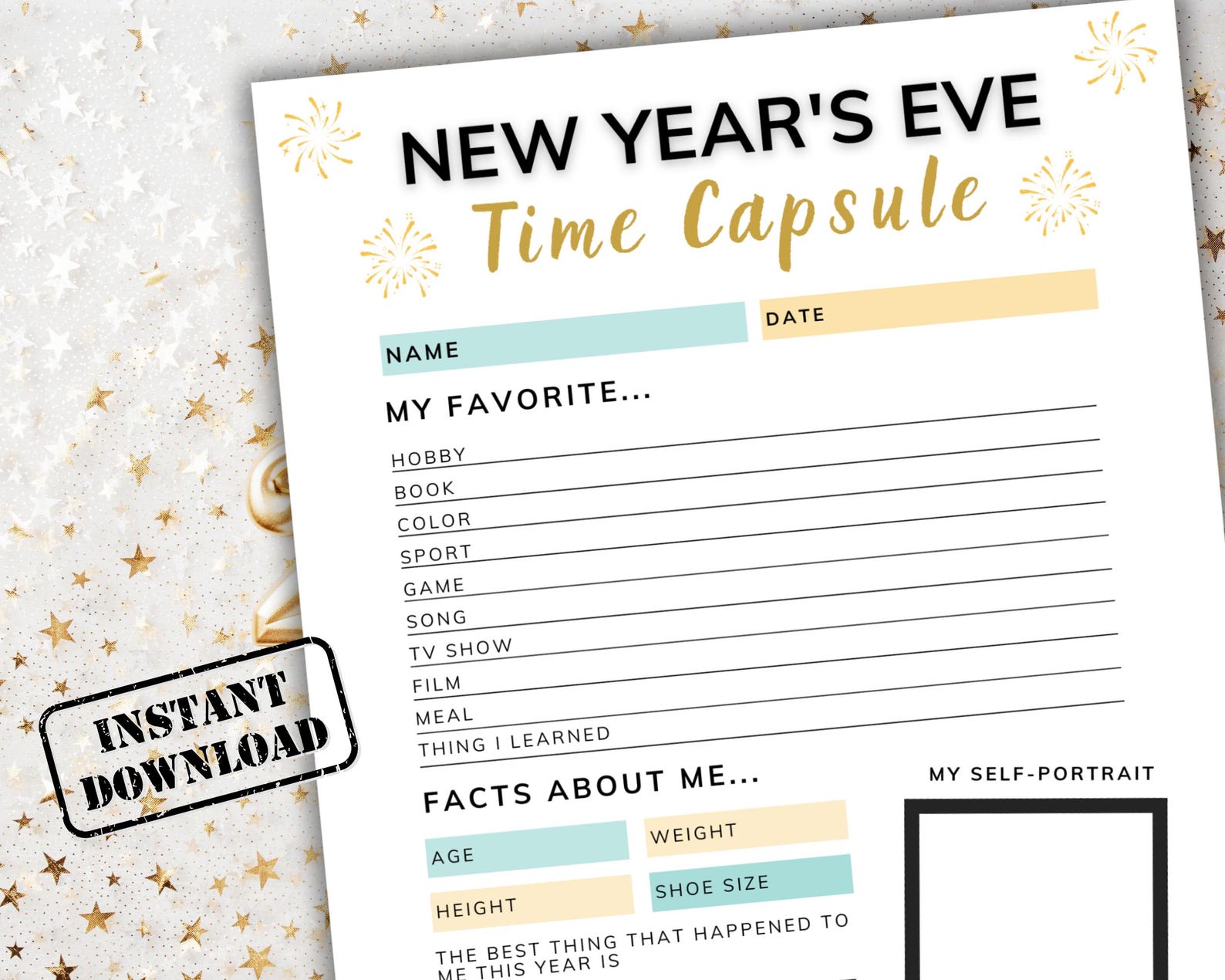 New Years Eve Time Capsule Questionnaire for Kids, NYE Kids Table ...