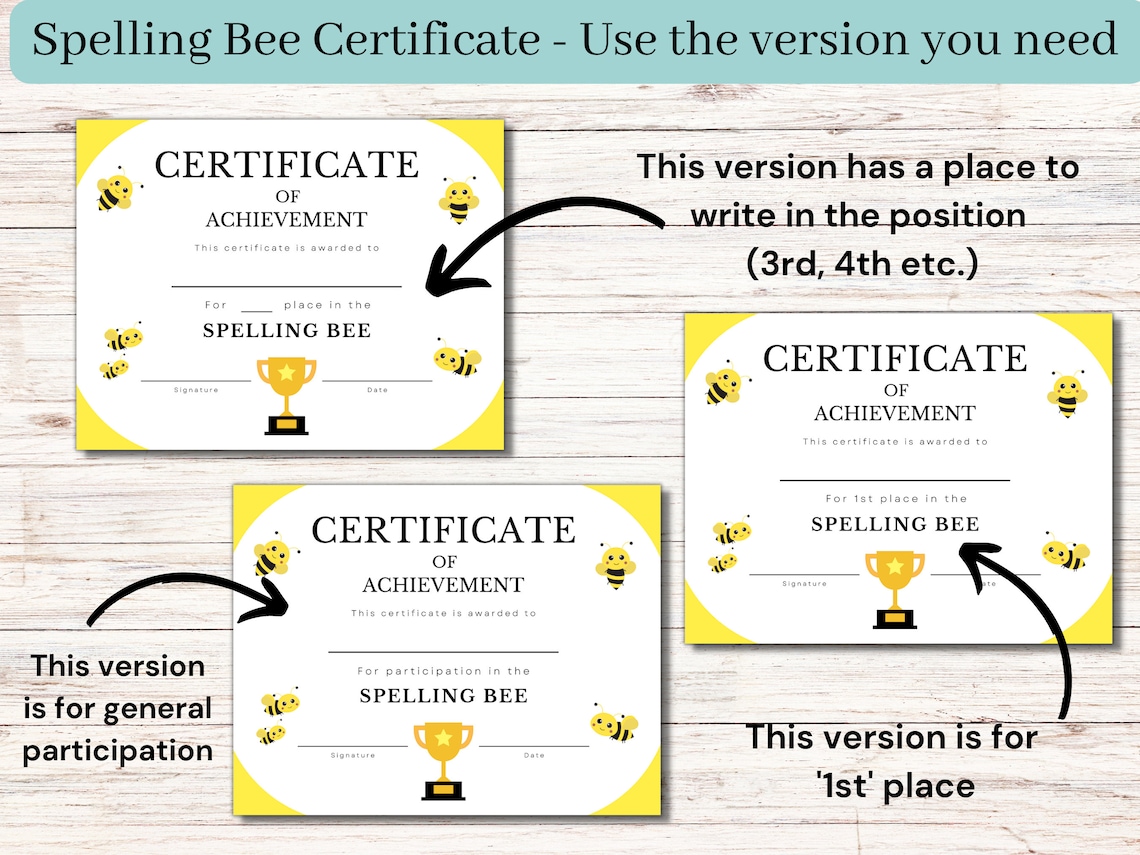 Spelling Bee Certificate Printable Spelling Bee Spelling Award ...
