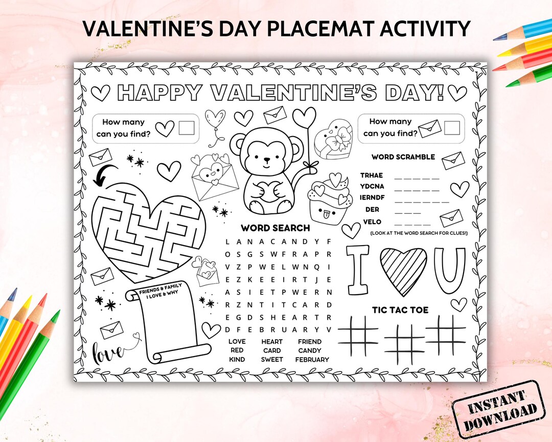 Valentines Day Activity Placemat, Happy Valentines Party Game Coloring ...