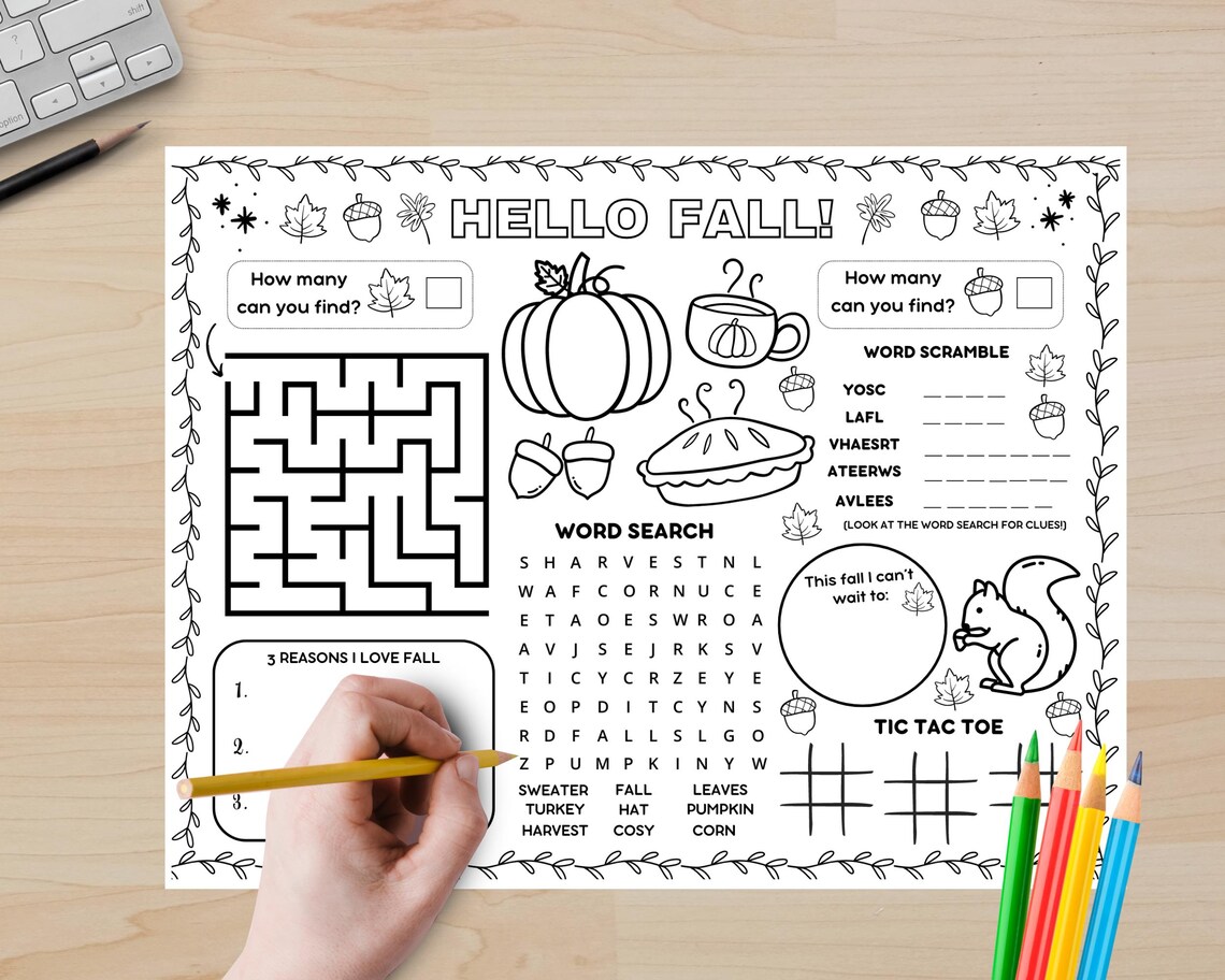 Fall Activity Placemat Printable, Fall Games for Kids, Fall Coloring ...