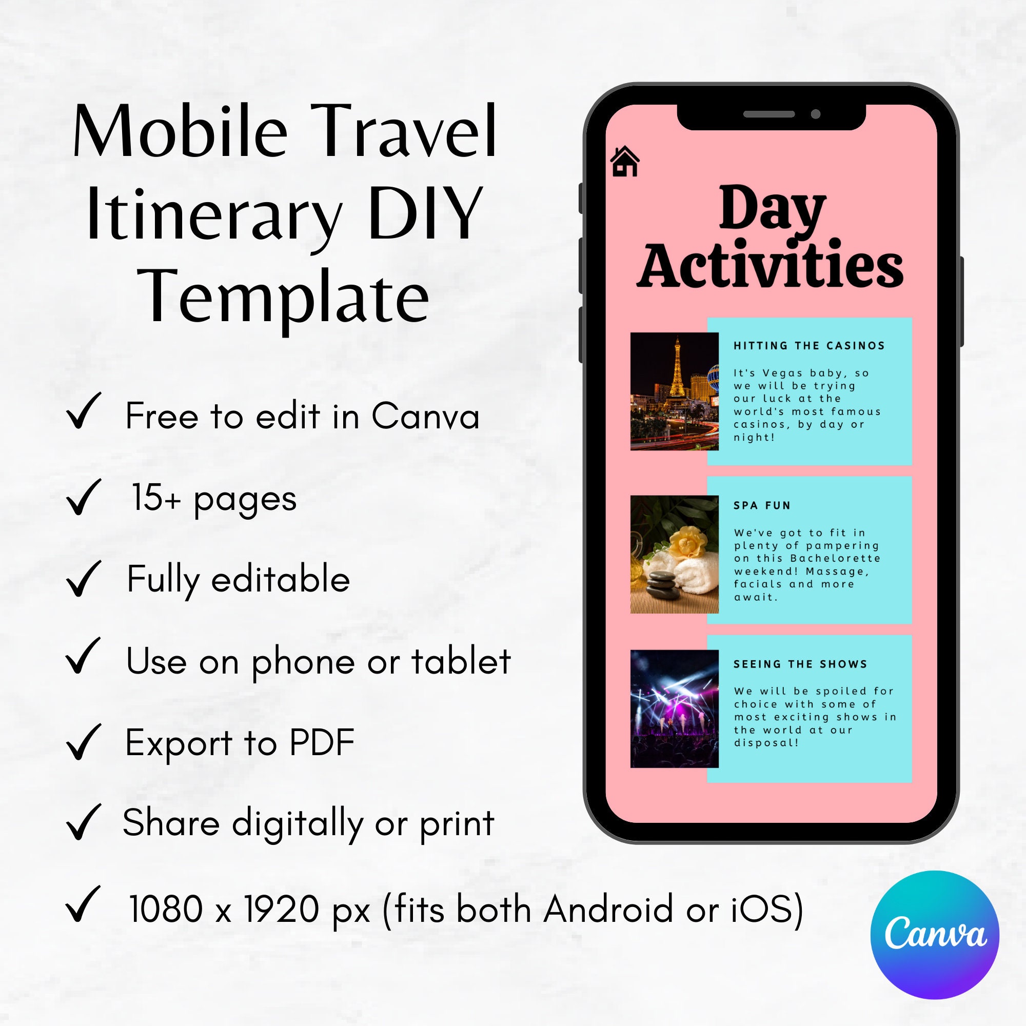 Bachelorette Weekend Mobile Travel Itinerary Template, Editable Digital ...