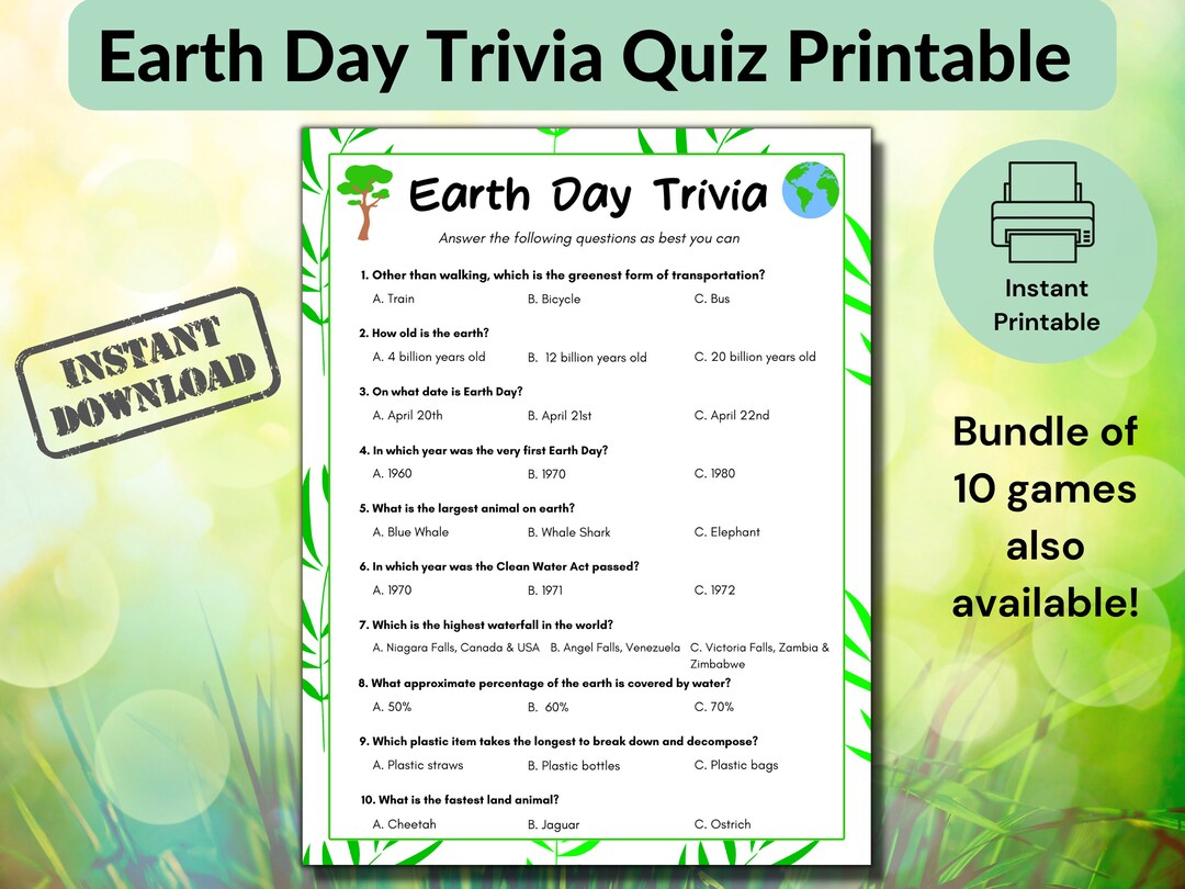 Earth Day Trivia Printable, Happy Earth Day Quiz Activity ...