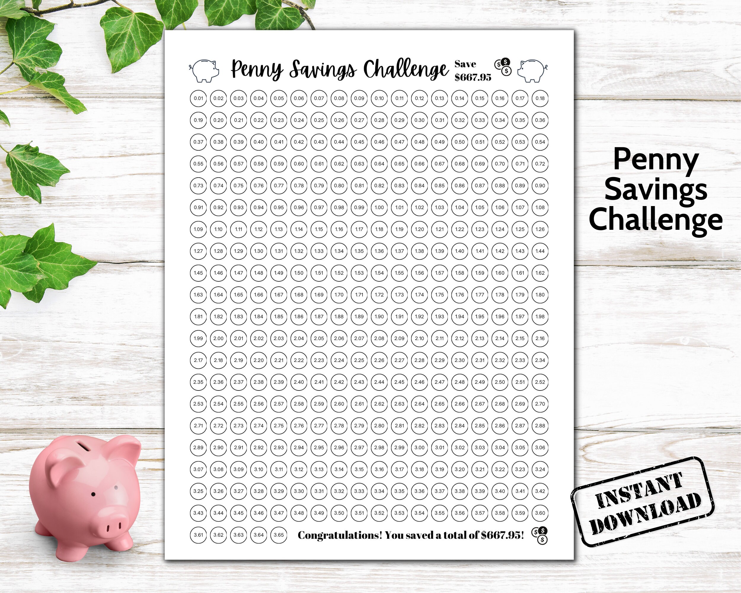 Penny Savings Challenge Printable, 365 Day Money Goals Challenge, 1c ...