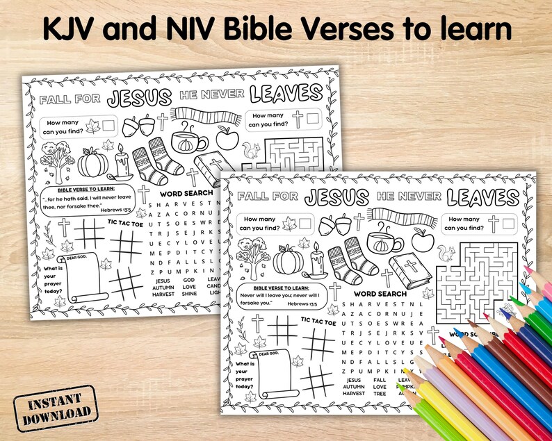 Fall Bible Activity Placemat, Fall for Jesus He Never Leaves Sunday ...