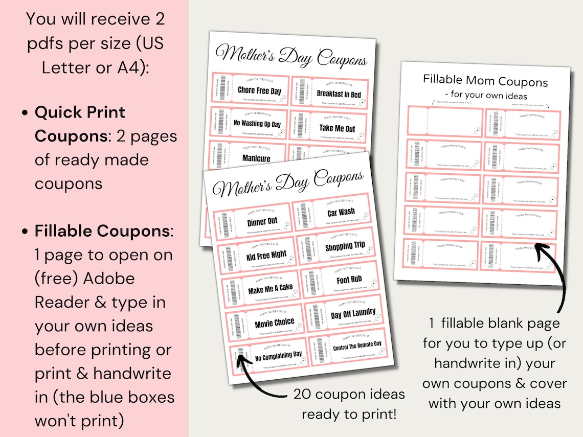 Editable Mothers Day Coupons Printable, Mom Coupon Book Template ...
