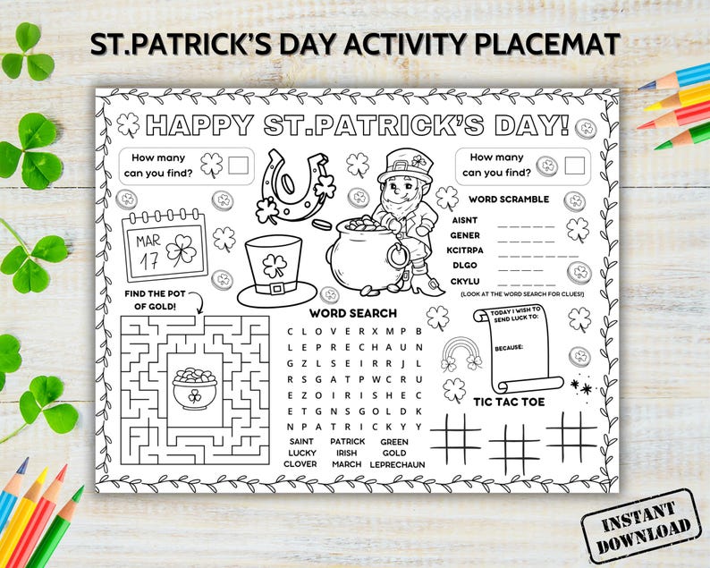 St. Patrick's Day Activity Placemat, Paddys Day Activity Sheet ...