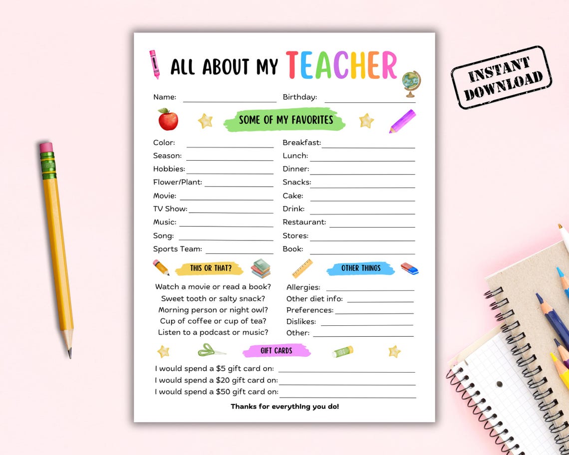 All About My Teacher Questionnaire, Teacher Favorite Things Form ...