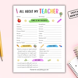 All About My Teacher Questionnaire, Teacher Favorite Things Form ...