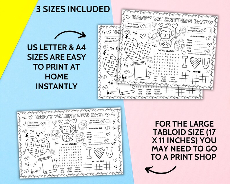 Valentines Day Activity Placemat, Happy Valentines Party Game Coloring ...