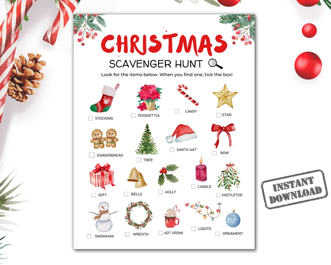 Christmas Scavenger Hunt Printable, Watercolor Holiday Treasure Hunt ...