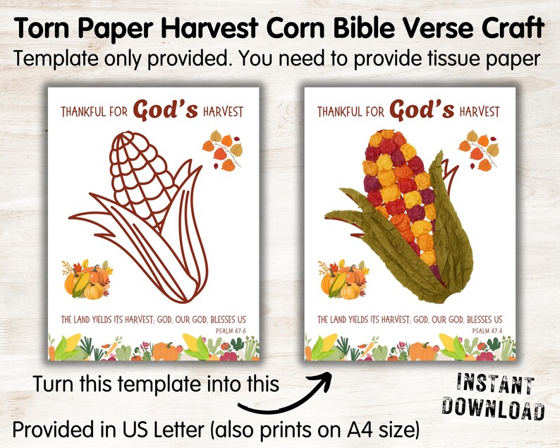 Fall Bible Tissue Paper Craft, Torn Paper Harvest Corn Printable, Kids ...