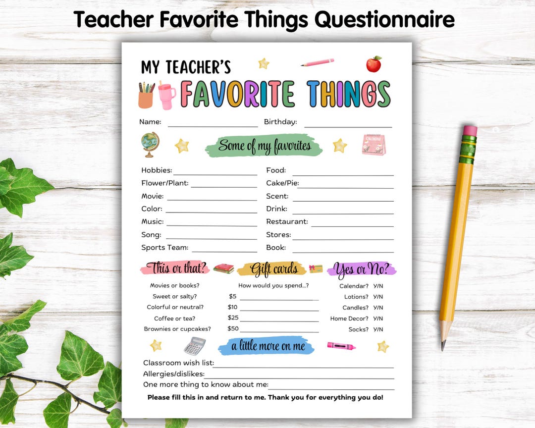 Teacher Favorites Questionnaire Printable, All About My Teacher Survey ...