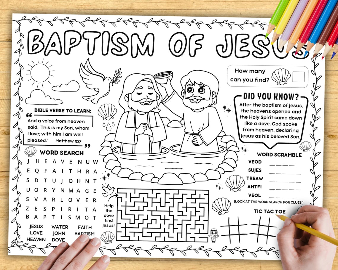 Baptism of Jesus Bible Activity Placemat, Sunday School Coloring Page ...