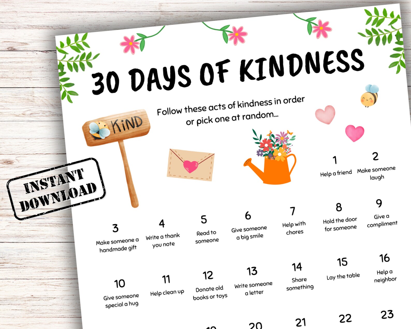 30 Days of Kindness Countdown Calendar, Acts of Kindness Calendar ...