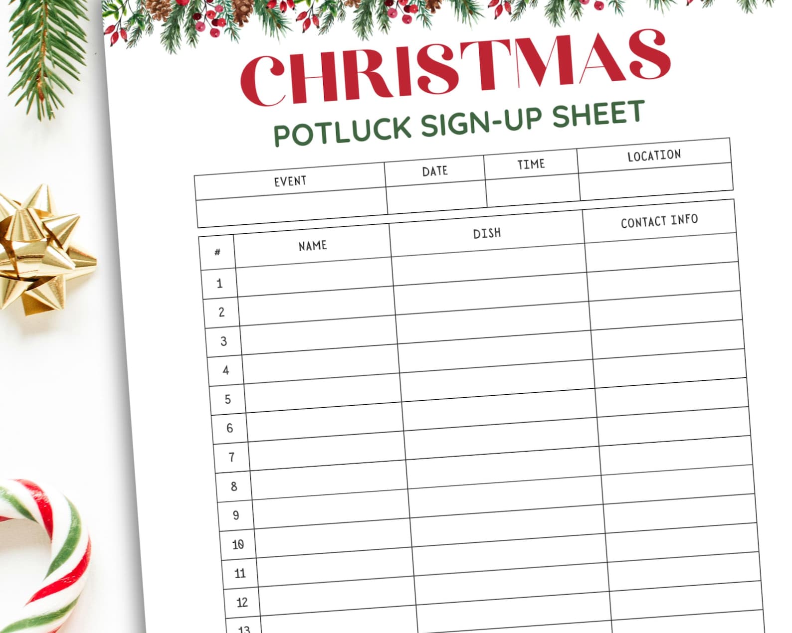 Christmas Potluck Sign up Sheet, Christmas Party Dinner Potluck List ...