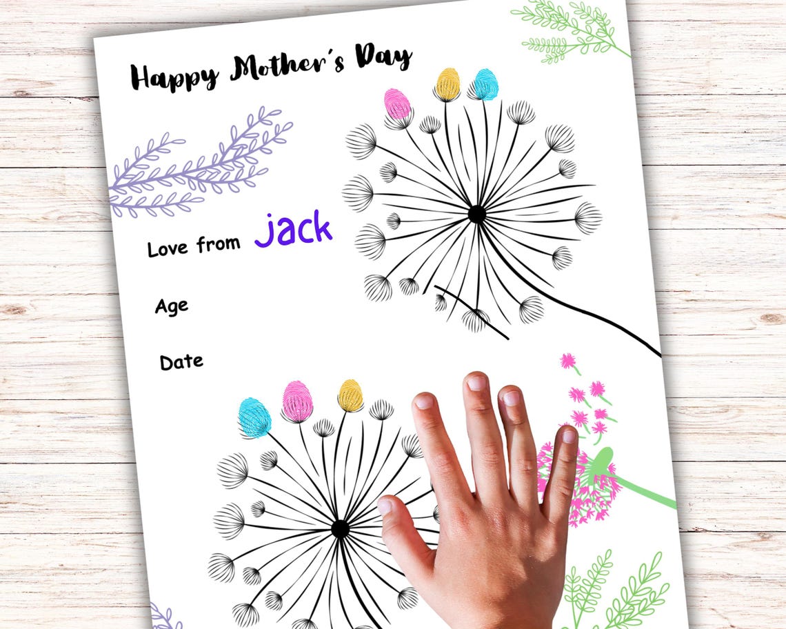 Mothers Day Dandelion Fingerprint Art, Fingerprint Craft Mom Keepsake ...