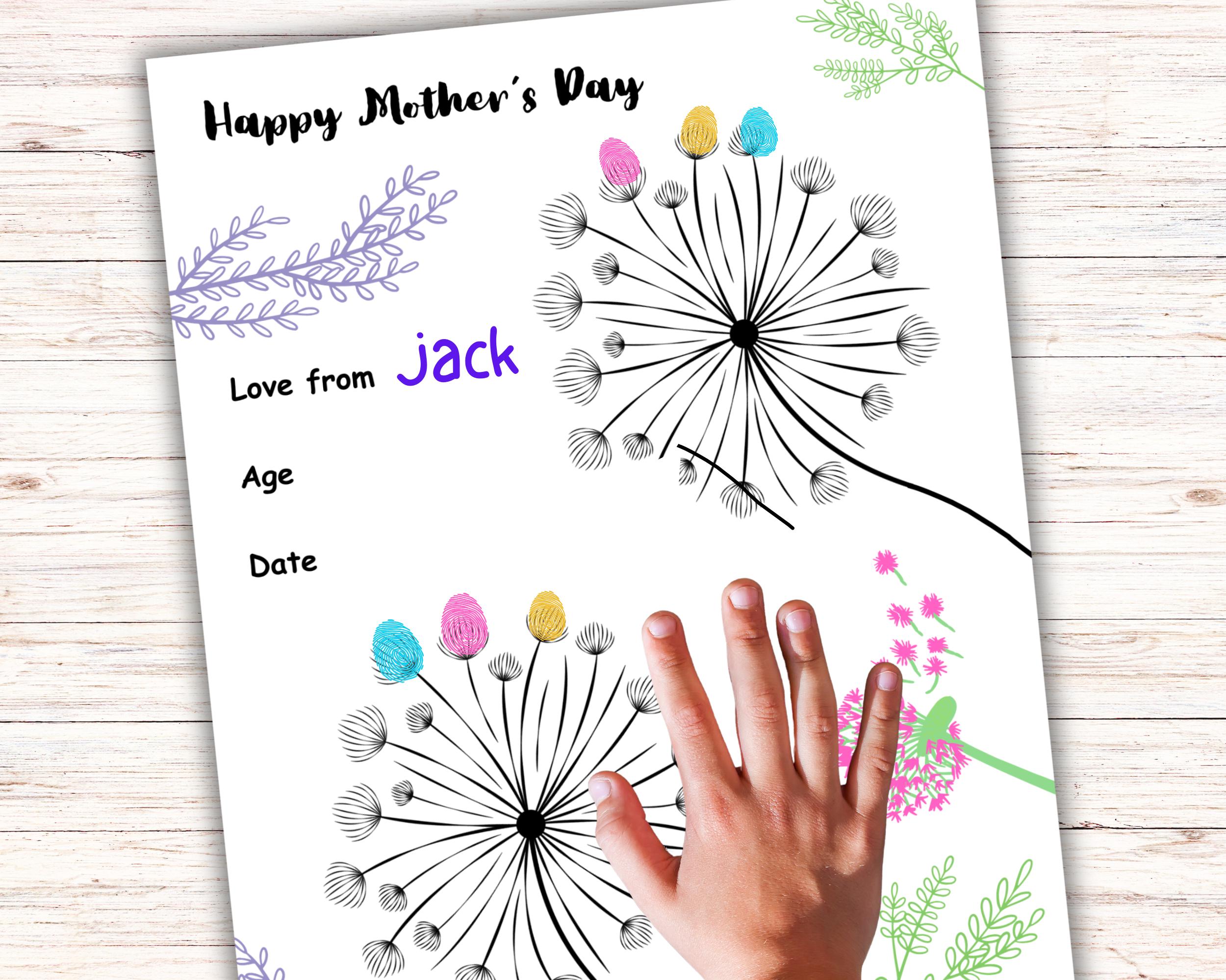 Mothers Day Dandelion Fingerprint Art, Fingerprint Craft Mom Keepsake ...