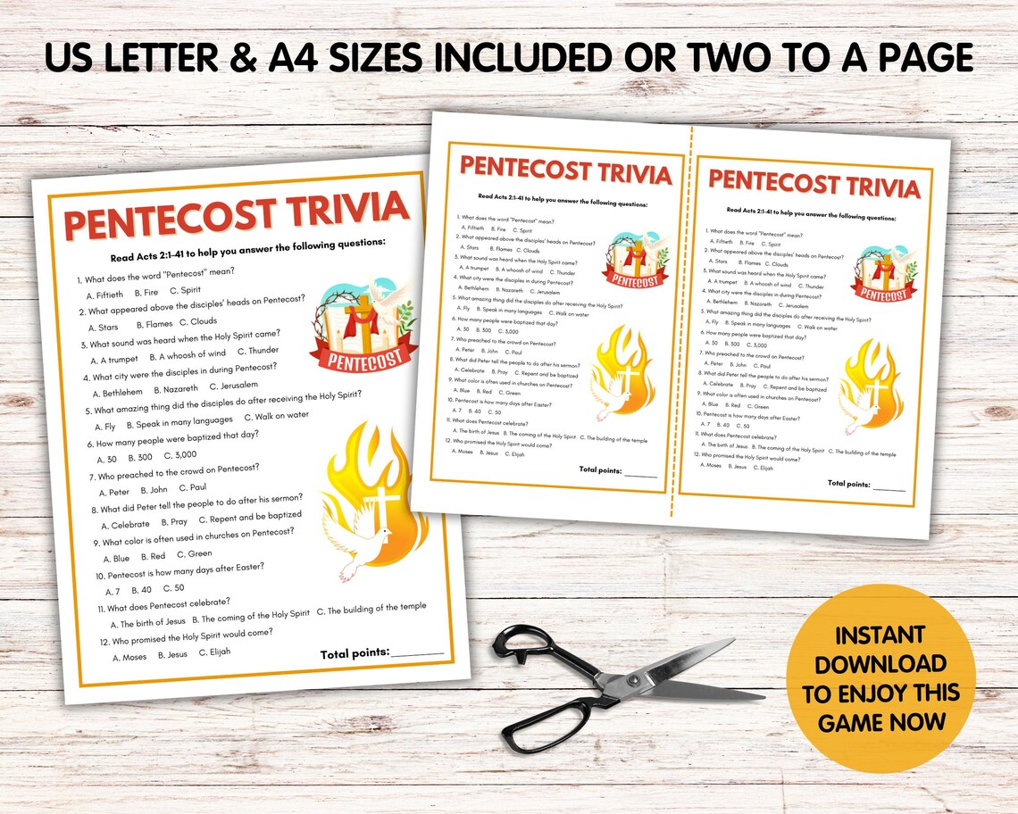 Pentecost Trivia Game Quiz, Printable Bible Lesson Activity for Kids ...