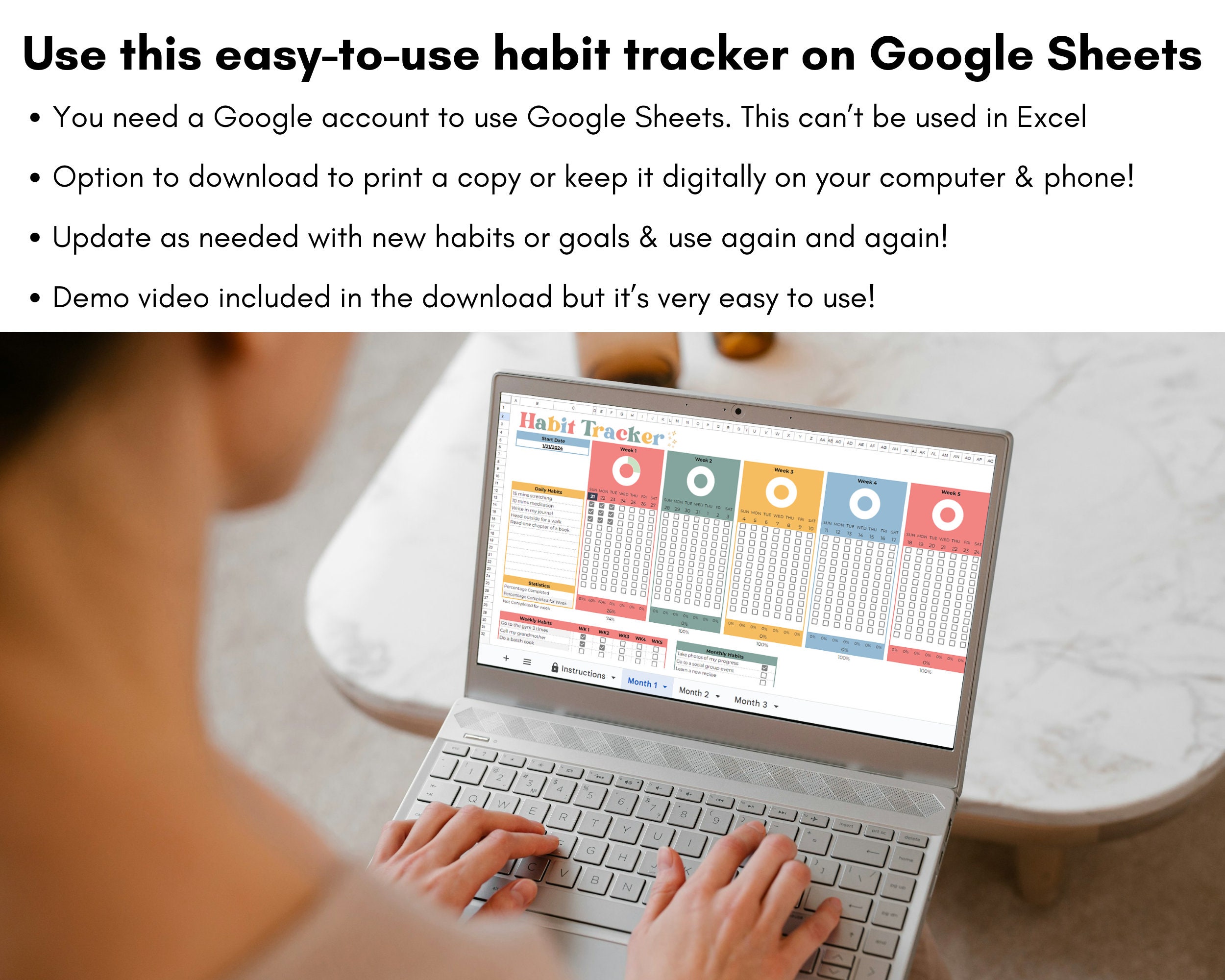 Habit Tracker Spreadsheet for Google Sheets, Daily Habit Goal Planner ...