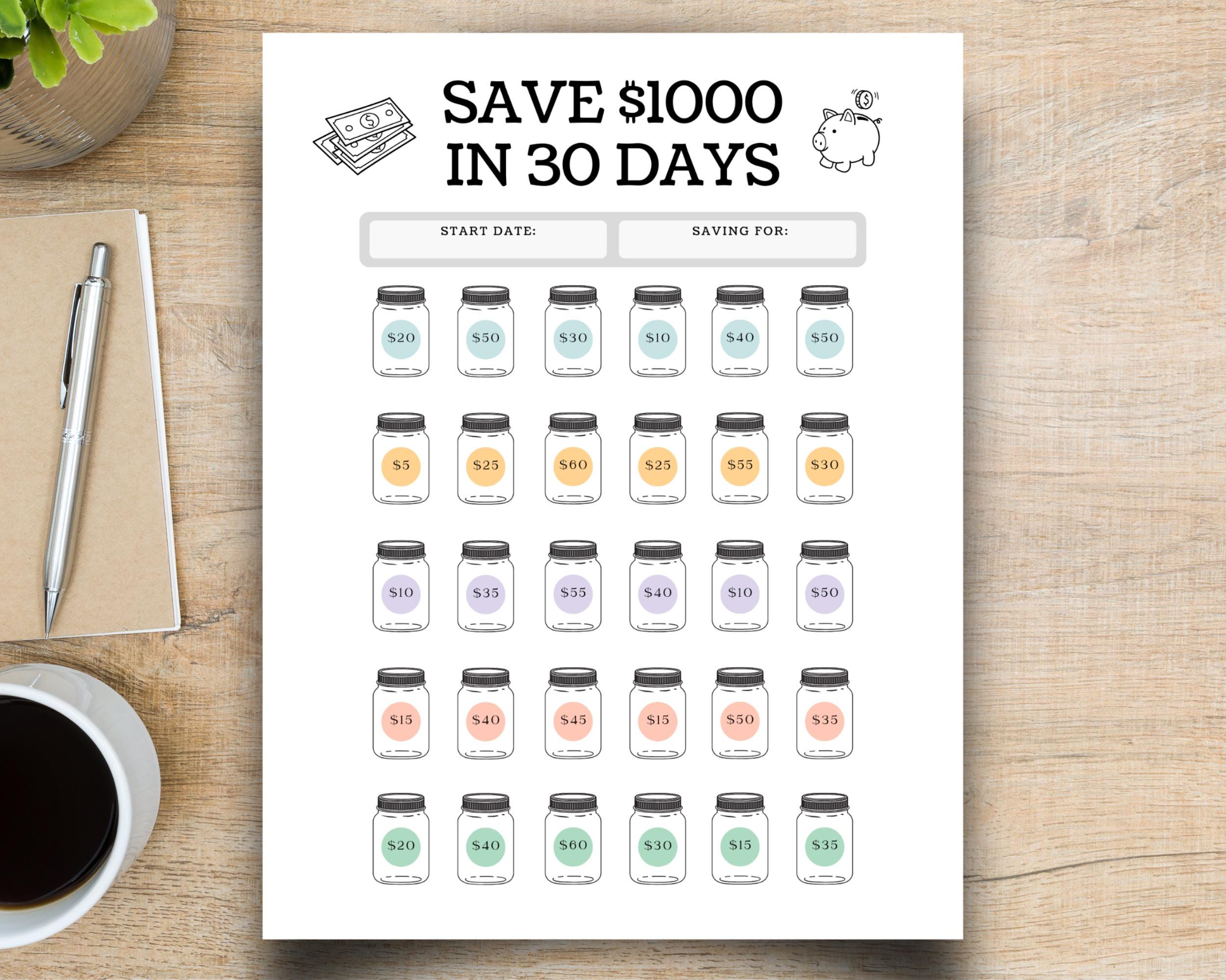 Save 1000 in 30 Days Savings Challenge, One Month Savings Tracker, 30 ...
