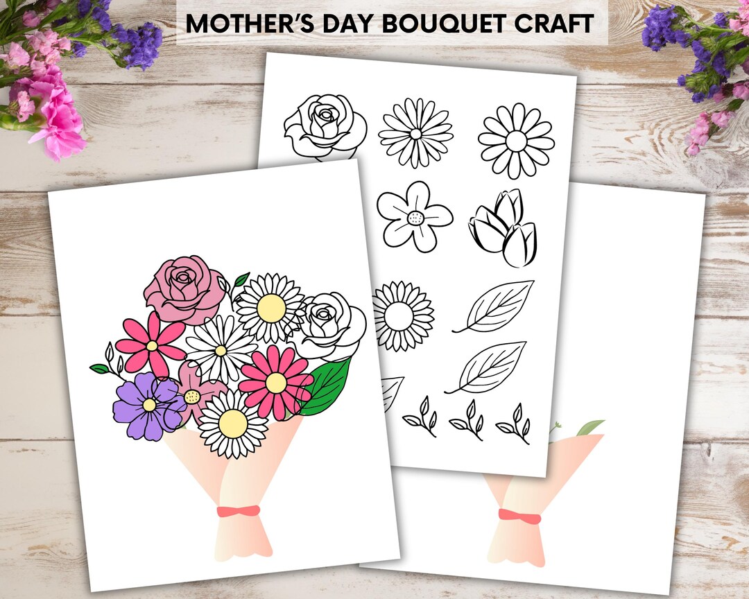 Homemade Flower Bouquet Craft Printable, Coloring Paper Flower Mother's ...