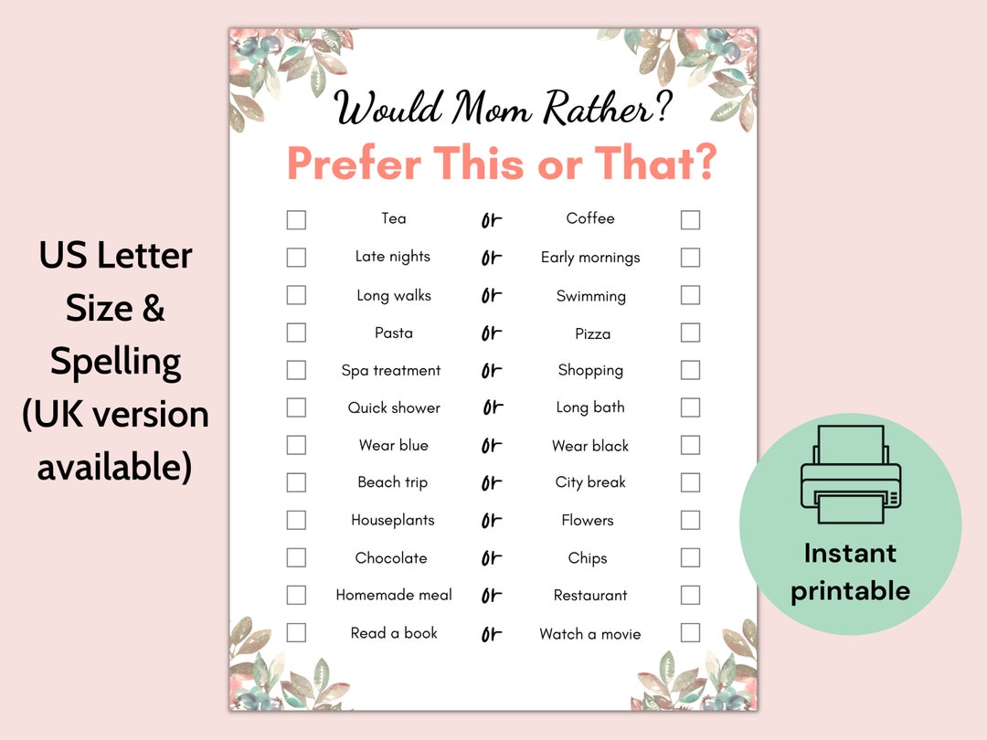 Who Knows Mom Best, Would Mom Rather, Mom Trivia Game, Would You Rather ...
