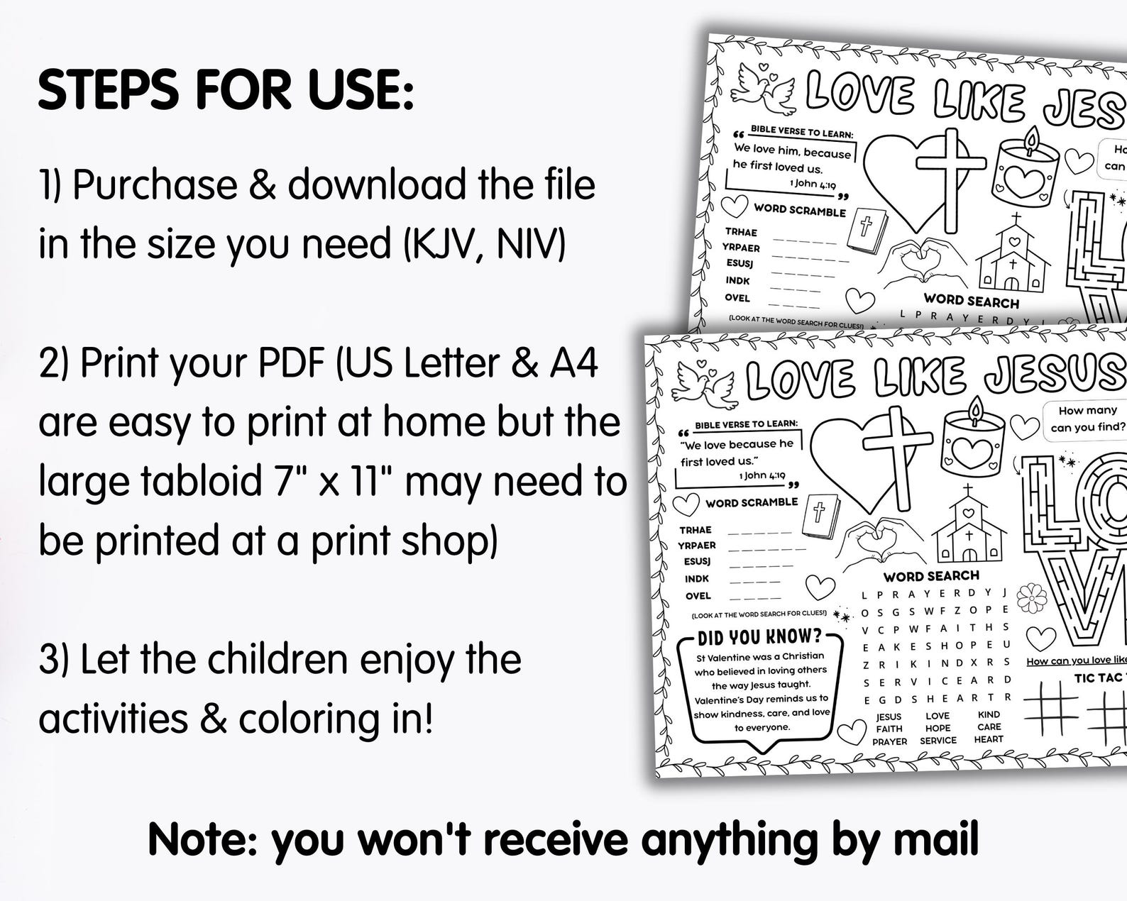 Christian Valentine Activity Placemat, Kids Sunday School Craft, Love ...