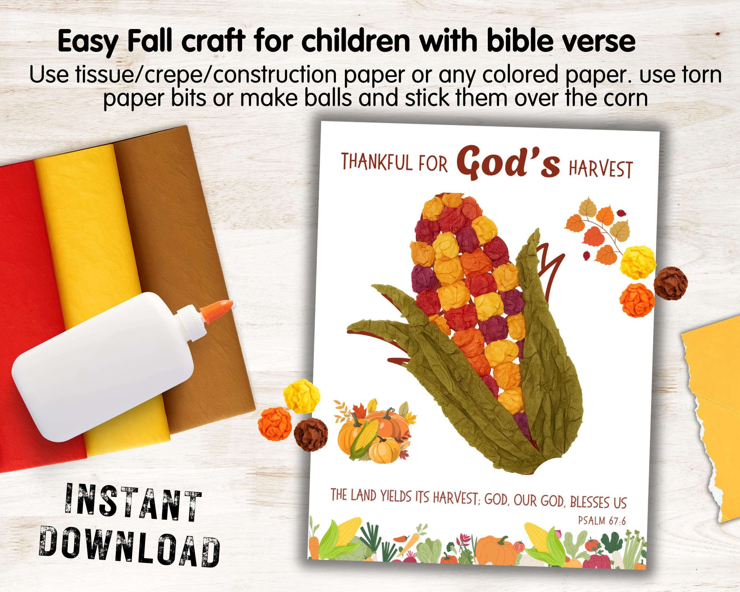 Fall Bible Tissue Paper Craft, Torn Paper Harvest Corn Printable, Kids ...