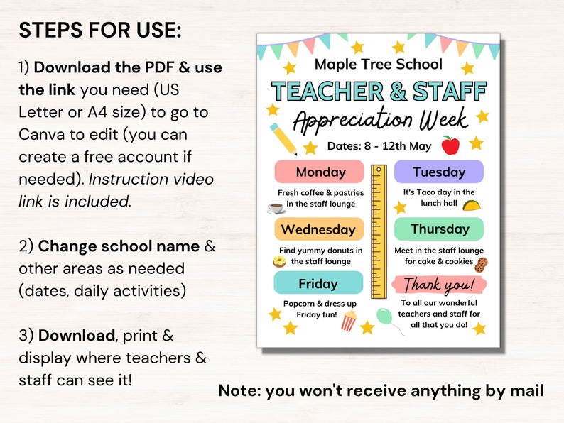 Editable Teacher Appreciation Week Flyer, Thank You Teacher Itinerary ...