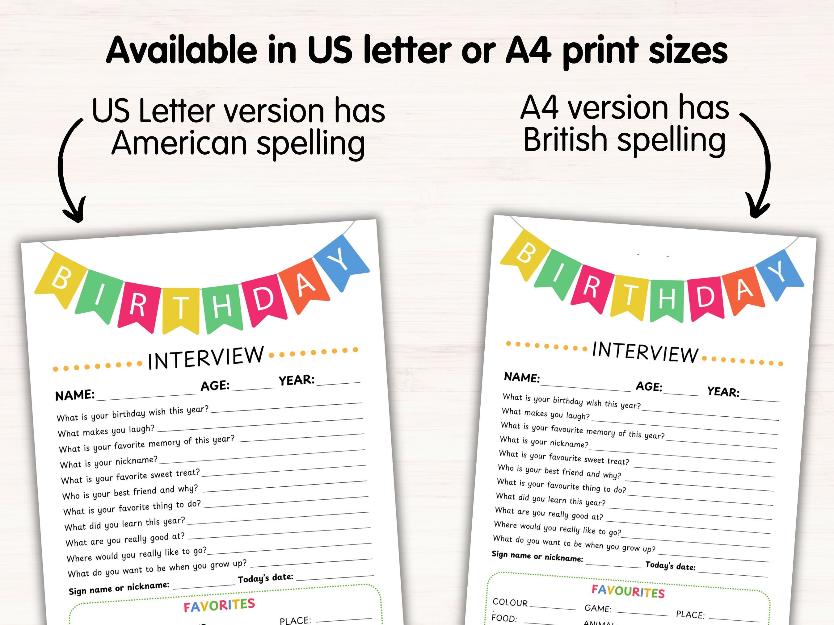Kids Birthday Interview Printable, Birthday Questionnaire Keepsake for ...