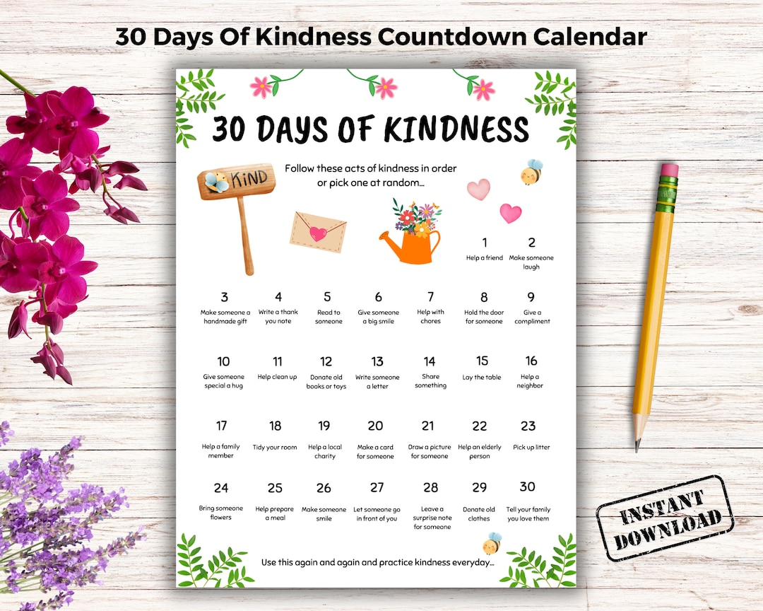 30 Days of Kindness Countdown Calendar, Acts of Kindness Calendar ...