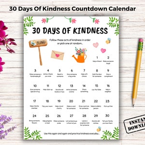30 Days of Kindness Countdown Calendar, Acts of Kindness Calendar ...