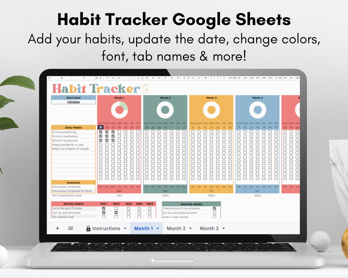 Habit Tracker Spreadsheet for Google Sheets, Daily Habit Goal Planner ...