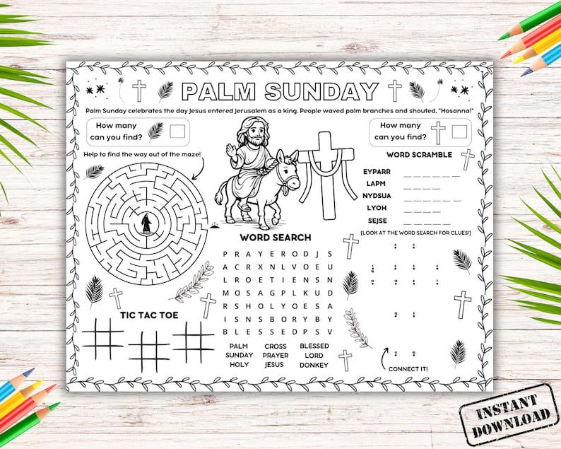 Palm Sunday Activity Placemat, Holy Week Bible Sunday School Activity ...