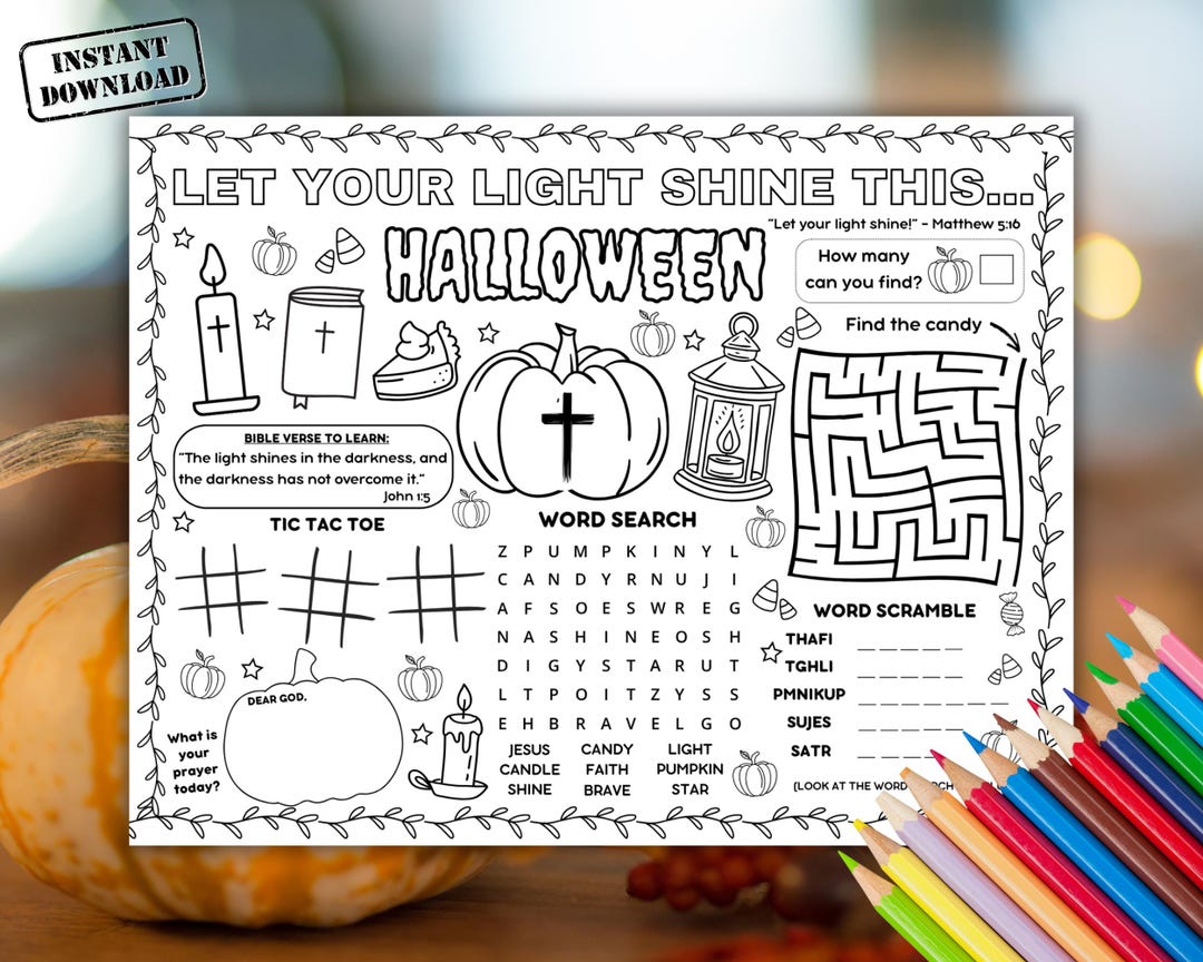 Christian Halloween Activity Placemat Printable, Fall Bible Craft for ...