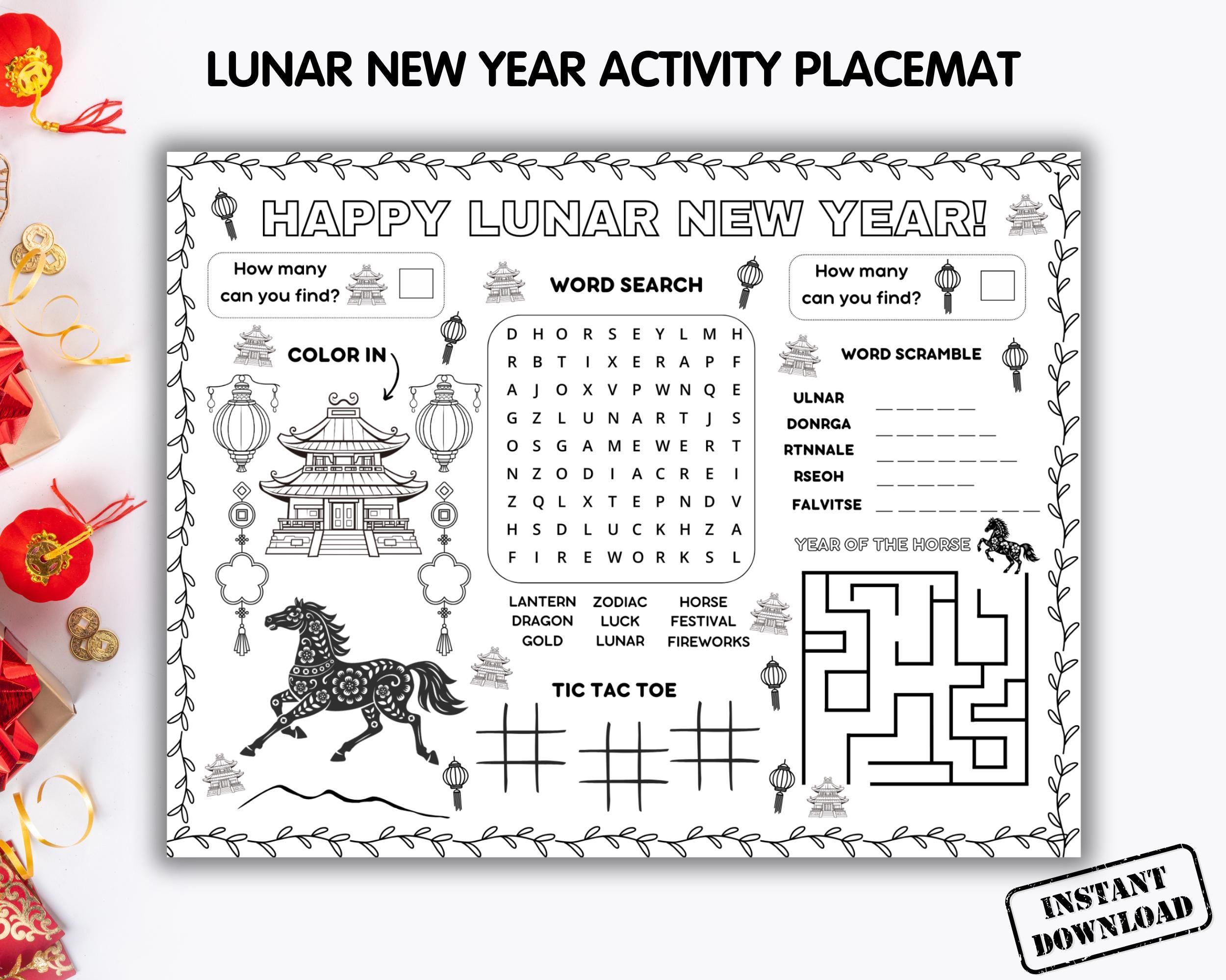 Lunar New Year Activity Placemat Printable, Year of the Horse 2026 ...