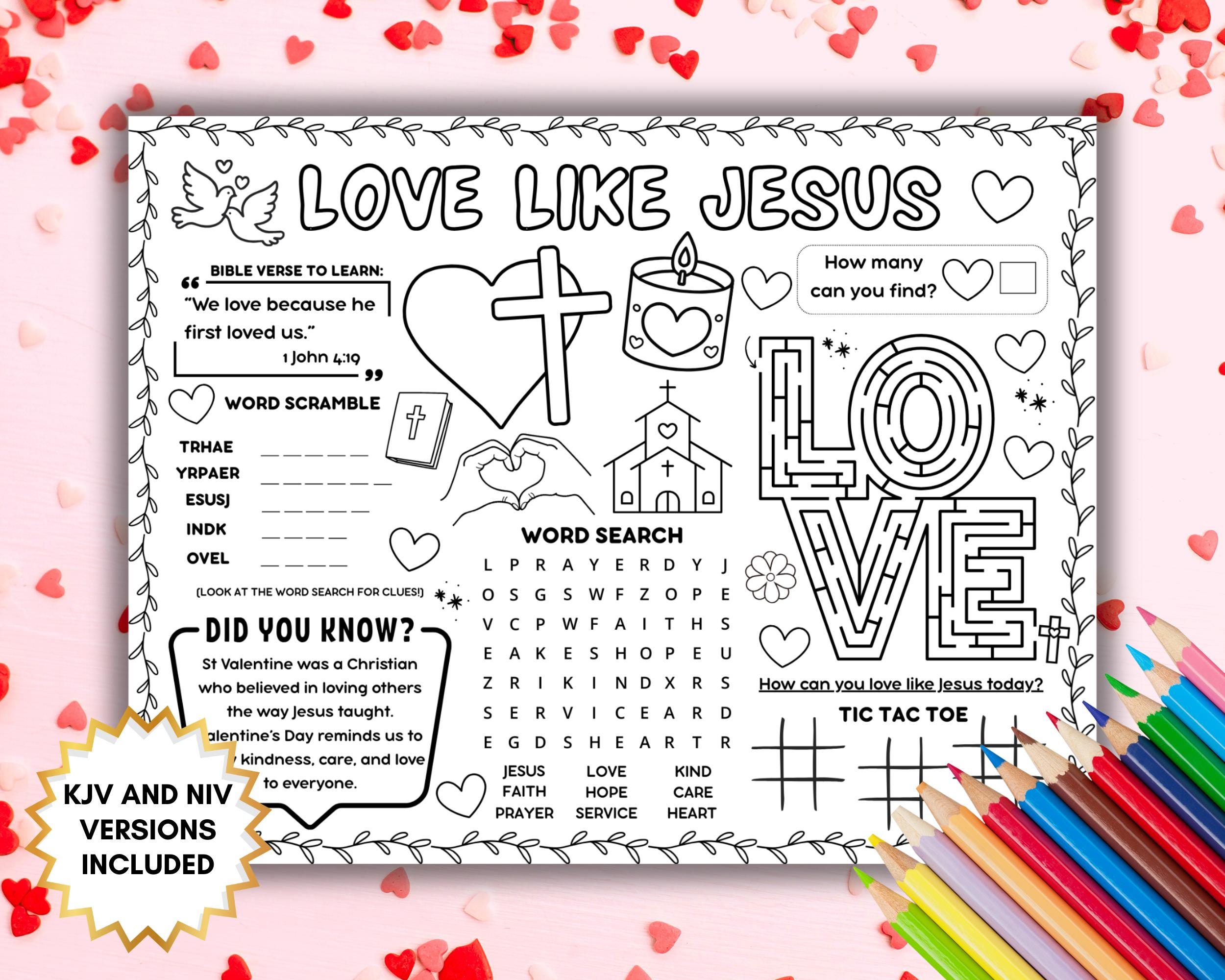 Christian Valentine Activity Placemat, Kids Sunday School Craft, Love ...