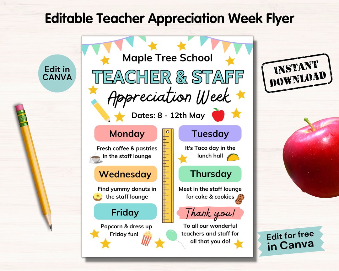 Editable Teacher Appreciation Week Flyer, Thank You Teacher Itinerary ...