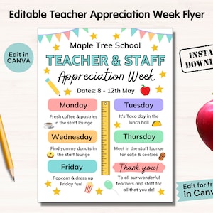 Editable Teacher Appreciation Week Flyer, Thank You Teacher Itinerary ...