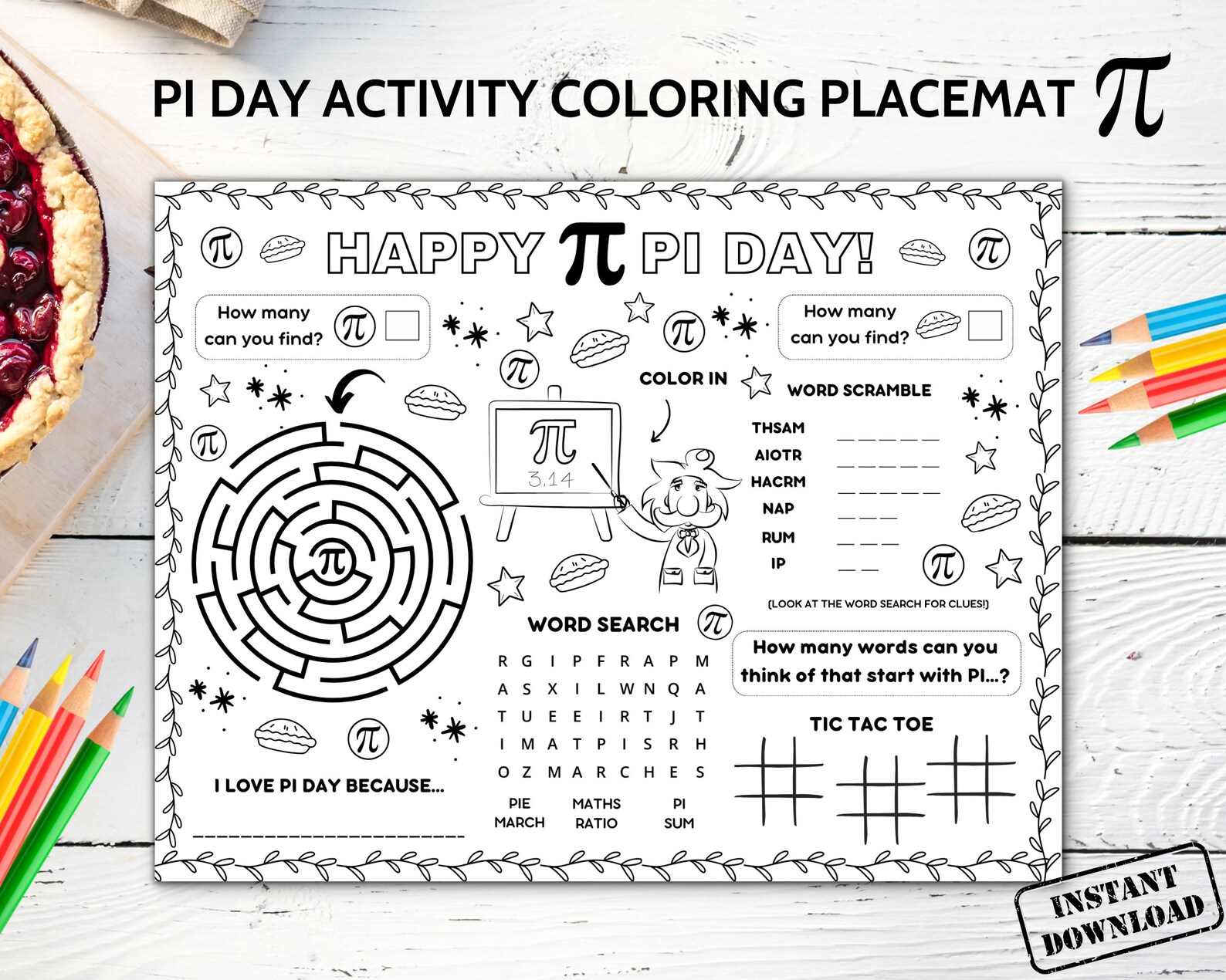 Pi Day Activity Placemat Printable, Pi Day Kids Craft Coloring Page ...