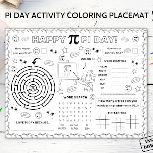 Pi Day Activity Placemat Printable, Pi Day Kids Craft Coloring Page ...
